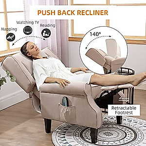 HOMCOM Vibrating Massage Recliner Chair for Living Room, Reclining Wingback Single Sofa with Heat, Linen Fabric Push Back Accent Chair with Footrest, Side Pocket, Beige