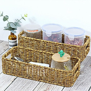 BESTonZON Plastic Woven Storage Basket Rattan Kitchen Cutlery Holder Stand Silverware Basket Kitchen Utensil Drawer Organizer Farmhouse Serving Basket for Kitchen Office