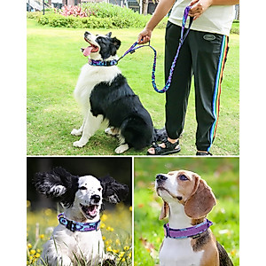 Hotsky Tactical Dog Collar and Leash Set, Heavy Duty Military Airtag Dog Collar with Handle and Metal Buckle for Training and Walking, with Airtag Holder and Two Patches(Purple Camo, L)