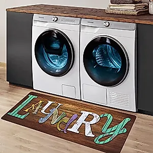 Tealp Laundry Mat 4ft Rubber Cushioned Rug Runner Farmhouse Laundry Room Rug Wood Printed Laundry Room Mats for Floor Colorful Laundry Sign Rug for Farmhouse Mudroom Indoor Outdoor Home Decor, 20"X48"
