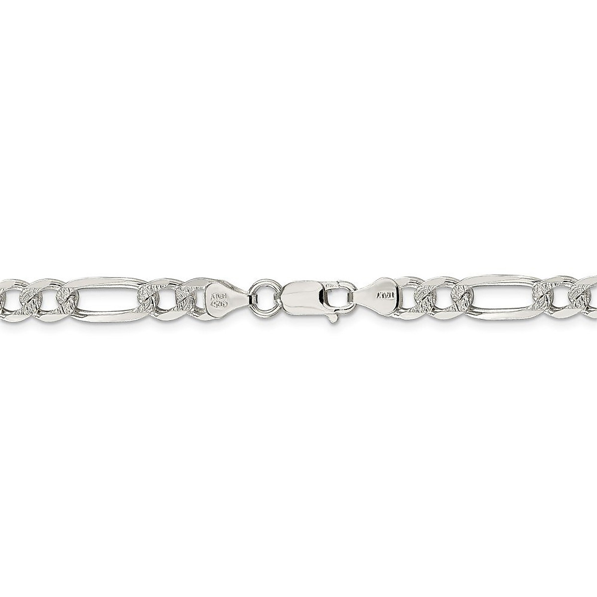 Solid 925 Sterling Silver 7mm Pave Flat Figaro Chain Necklace - with Secure Lobster Lock Clasp 20"