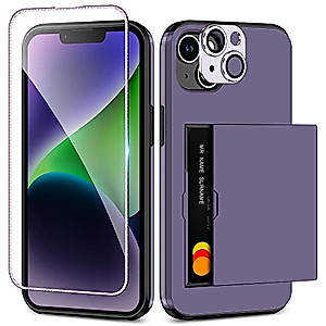 SAMONPOW for iPhone 14 Case with Screen Protector & Camera Cover 4-in-1 Full Body Hybrid iPhone 14 Case Wallet Card Slot Holder Shockproof Bumper Armor Protective Case for iPhone 14 for Women Men