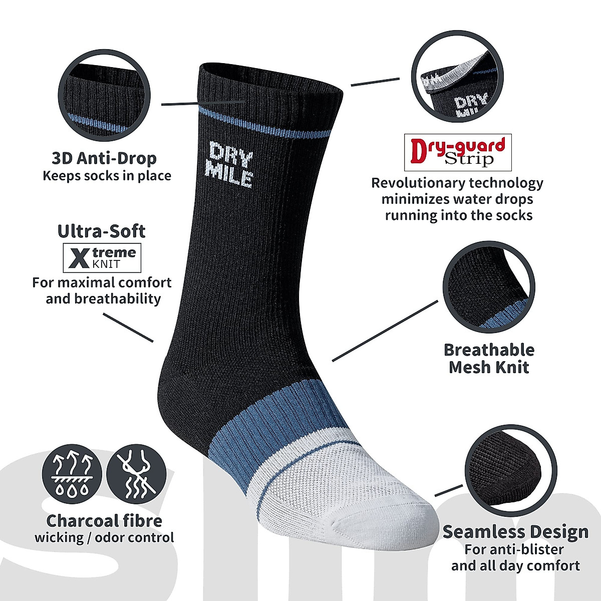 DRYMILE Slim Waterproof Socks, Thin Moisture Wicking Winter Waterproof Socks for Men & Women, Golf, Cycling - Crew (M, Black and Blue)
