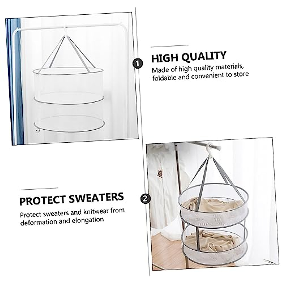 Zerodeko 3pcs Double Clothes Basket Collapsible Laundry Drying Rack Grey Towels Foldable Laundry Rack Drying Rack net Sweater mesh Clothes Hanging Dryer Clothes Drying mesh net Laundry Bag