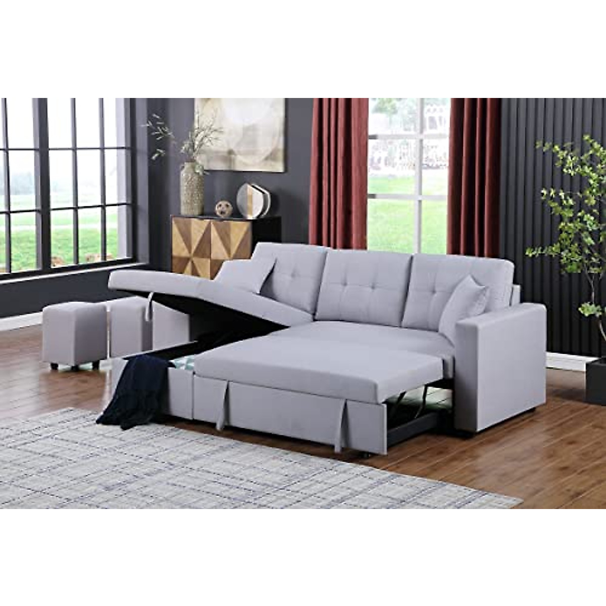 BIADNBZ Convertible Sleeper Sectional Sofa with Reversible Storage Chaise, Modern Linen Fabric L-Shaped Pull Out Couch w/2 Stools,for Living Room Apartment, Light Gray