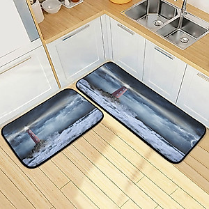 xigua 2 Pieces Stormy Landscape Lighthouse Kitchen Rugs and Mats Set Absorbent Soft Microfiber Bath Mat Non-Slip Doormat Laundry Runner Set, 19.7"x47.2"+19.7"x27.6"