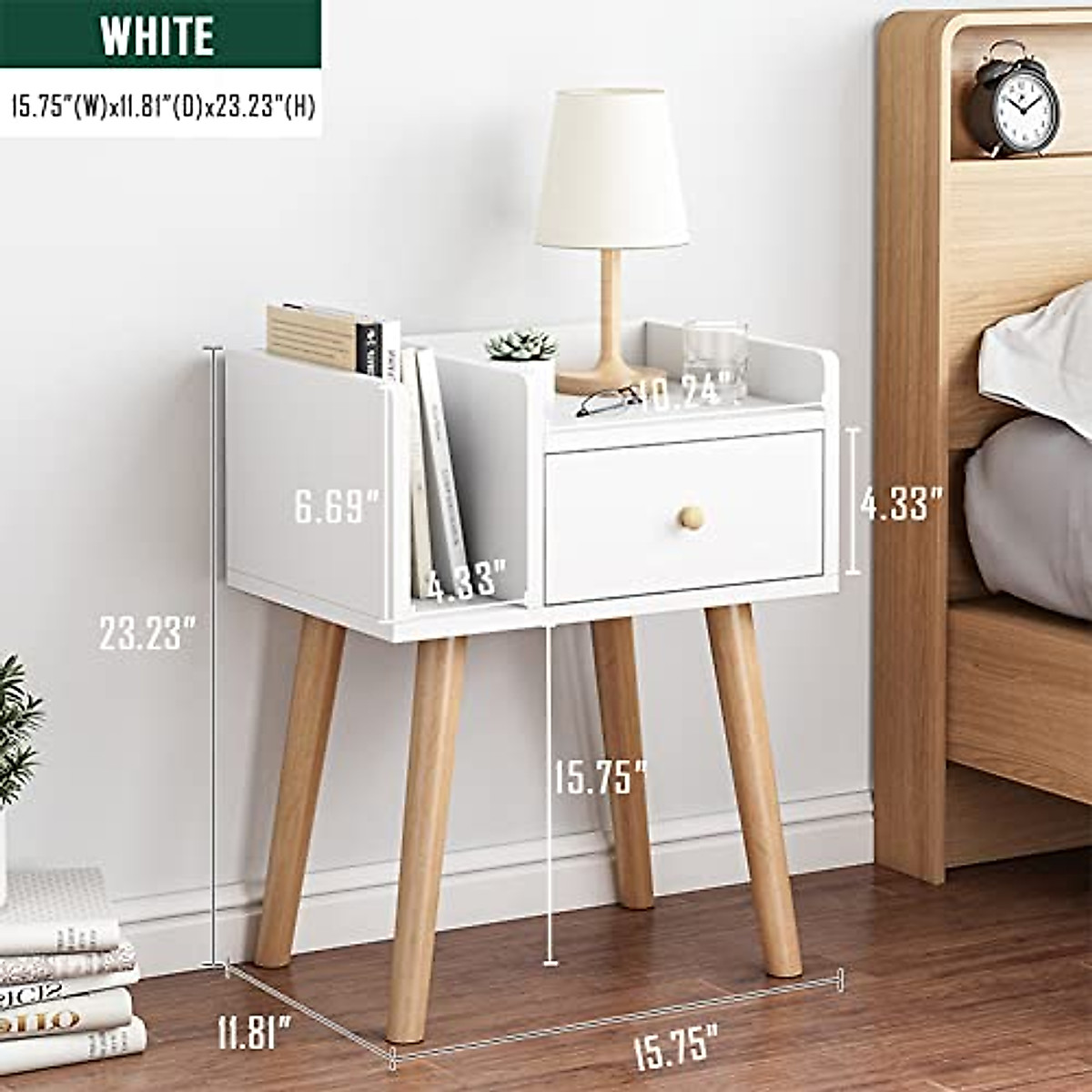 IOTXY Bedroom Wooden Night Stand - Bedside Cabinet with Storage Drawer and Bookcase, Compact Nightstands in White