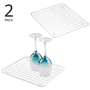 mDesign Modern Metal Wire Kitchen Sink Metal Dish Drying Rack/Mat - Steel Wire Grid Design - Allows Wine Glasses, Mugs, Bowls and Dishes to Drain in Sink - 2 Pack - White