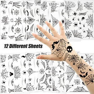 94 Pieces Halloween Spider Face Tattoos Spider Webs Temporary Tattoos Shoulder Arm Back Body Art Sticker for Witch Halloween Costume Cosplay Theme Party Favors, 12 Sheets