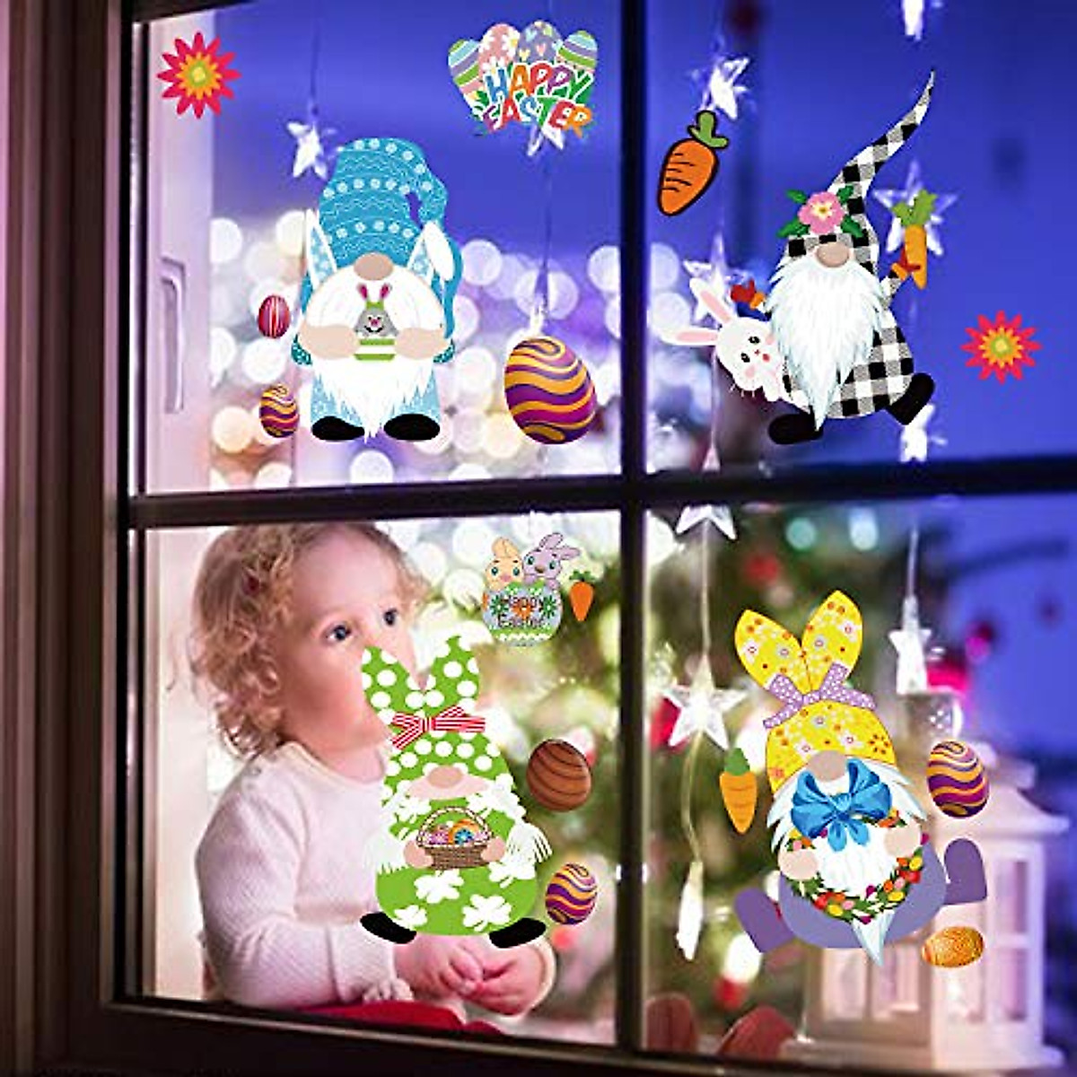 DmHirmg Easter Window Clings, Upgraded Static Easter Window Sticker, Easter Decorations Window Clings Stickers Decal,Cute Bunny Radish Eggs Carrot Decals for Kids School Office Home Glass Decals for Easter Home Party Decorations Supplies 9 Sheets