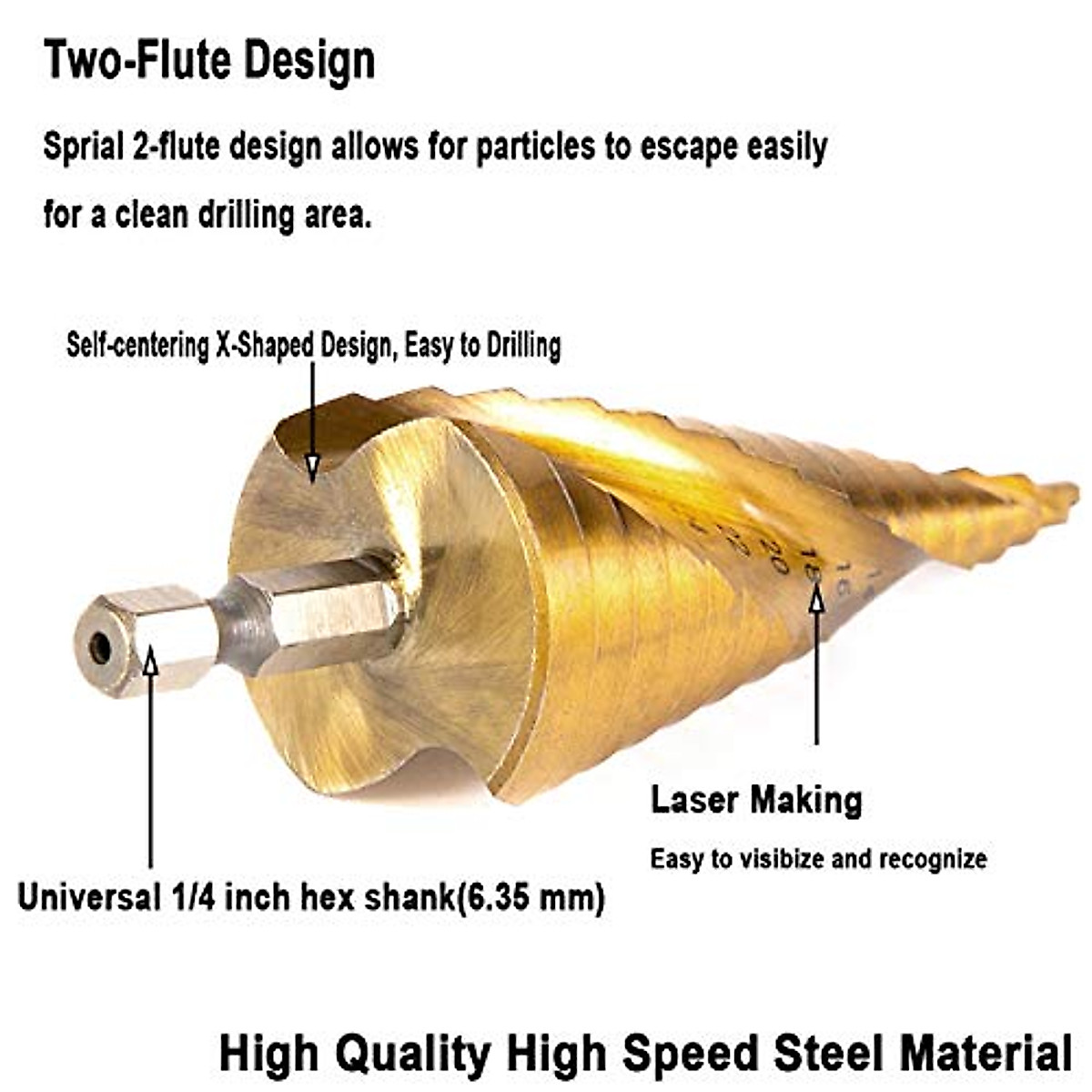 3Pcs HSS Step Drill Bit Set, 1/4" Hex Shank Spiral Groove High Speed Steel Titanium Coated Cone Hole Cutter Bit for Drilling Plate Aluminum Metal Wood Hole (4-12mm/4-20mm/4-32mm)