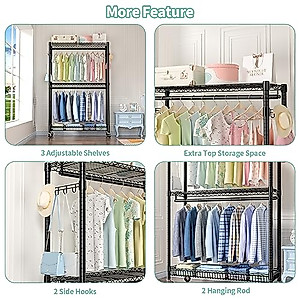 SEMHOR S3 Portable Closets 3 Tier Rolling Clothes Rack Heavy Duty Clothing Rack with Storage Basket 2 Hanging Rod and 2 Side Hooks, Freestanding Adjustable Wardrobe Garment Rack for Bedroom Laundry