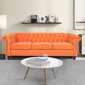 AVZEAR 3 seat Sofa, Velvet Sofa Living Room Sofa Large Sofa Modern Chesterfield Fabric Modern 3 Seater Couch Furniture Classic Tufted Chesterfield Settee Sofa, Orange