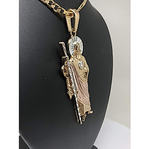 Big Saint Jude Pendant Necklace Figaro 26" San Judas Tadeo XL Tres Colores Medalla Con Oro Laminado