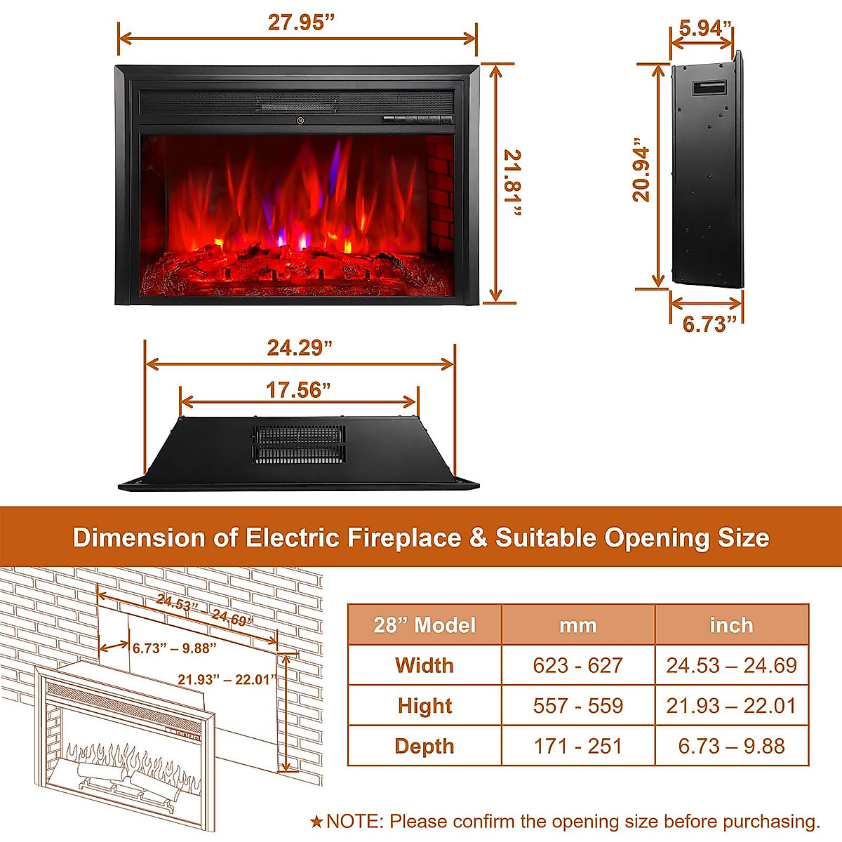 AckMizz Electric Fireplace Insert, 26 Inch Recessed Fireplace Heater in Wall with Remote Control, Adjustable Flame Brightness & Speed, 750W/1500W, Black (26" W X 22" H)
