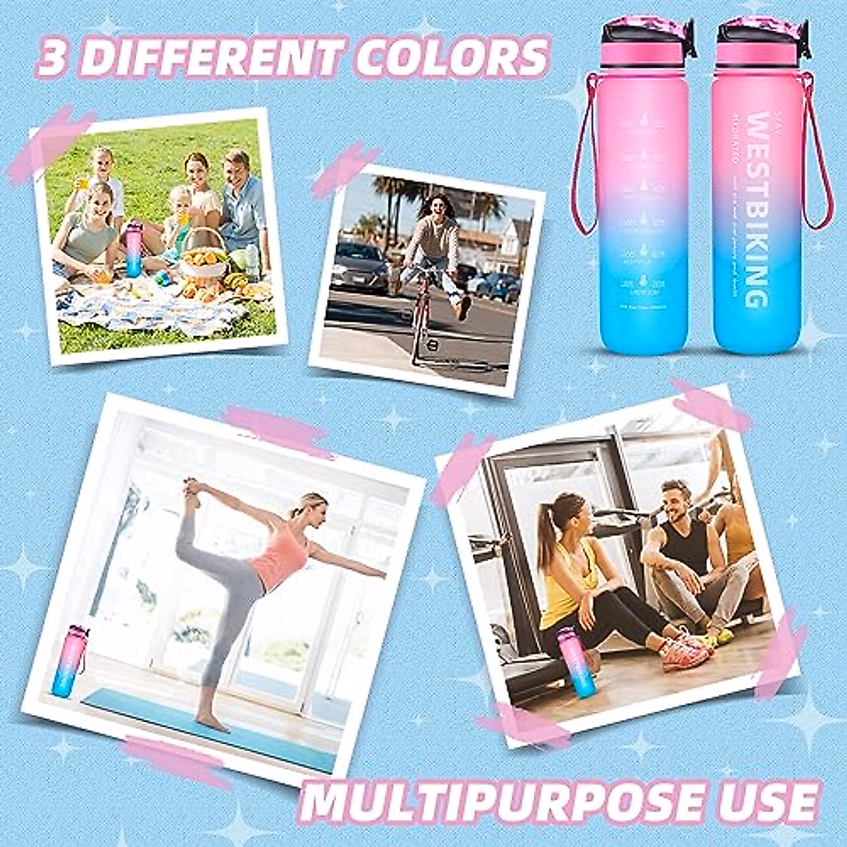 West Biking 32 oz Water Bottle with Time Marker and Straw, Motivational Water Bottles with Clean Brush, Leakproof & BPA Free, Drinking Sports Water Bottle for Fitness Gym Outdoor