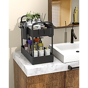 FURTIME Under Sink Organizer, 2 Tier Kitchen Under Sink Storage Bathroom Countertop Organizer with 6 Hooks 2 Hanging Cups and Anti-Foot for Bathroom Kitchen Spice Makeup Cosmetics Vanity Narrow Space