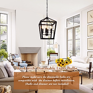 BrightHome Farmhouse Chandelier 4-Light, Black Pendant Light Fixture Ceiling Hanging for Kitchen Island Dining Room, Lantern Industrial Lighting with Metal Cage Adjustable Height for Entryway Foyer