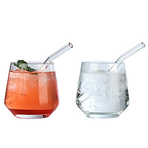 ALINK Short Bent Glass Straws, 6 in x 10 mm Reusable Clear Glass Curved Cocktail Straws for Whiskey, Coffee, Soda, Water, Pack of 8 with Brush