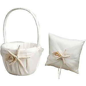 2Pcs Beach Theme Wedding Supplies Set Starfish Seashell Design Flower Girl Basket + Ring Bearer Pillow for Bridal Wedding Shower Ceremony Anniversary Celebrations Party Decorations Wedding Accessories