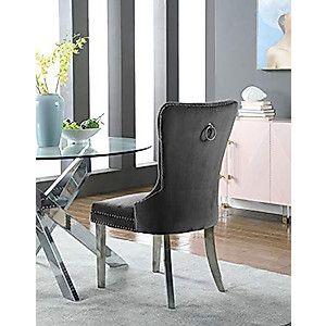 Meridian Furniture Carmen Collection Modern | Contemporary Velvet Upholstered Dining Chair with Button Tufting and Chrome Metal Legs, Set of 2, Grey, 21.5" W x 27" D x 39.5" H