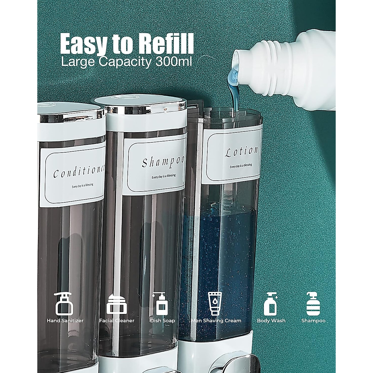 3 in 1 Shampoo and Conditioner Dispenser wall, Shower Dispenser 3 Chamber No Drill, White Bathroom Soap Dispenser and Labels