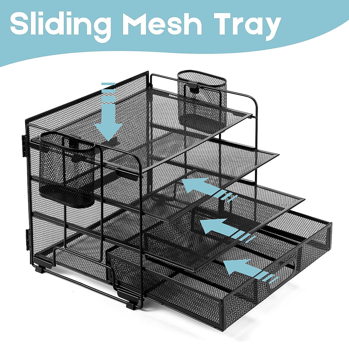 Hiaksedt Desk Organizers 4-Trays Desk File Organizers with 2 Hanging Pen Holders and Drawer,Paper Organizer for Desktop and Storage,Mesh Metal Office Supplies for Home Office