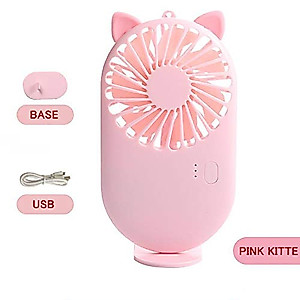 YUERR Portable Mini Fan Handheld Fans For Cooling Air 3 Speeds Adjustable USB Rechargeable Small Table Desk Fan Personal Quiet Eyelash Fan For Kids Women Men Home Office Travel(Pink Kitten)