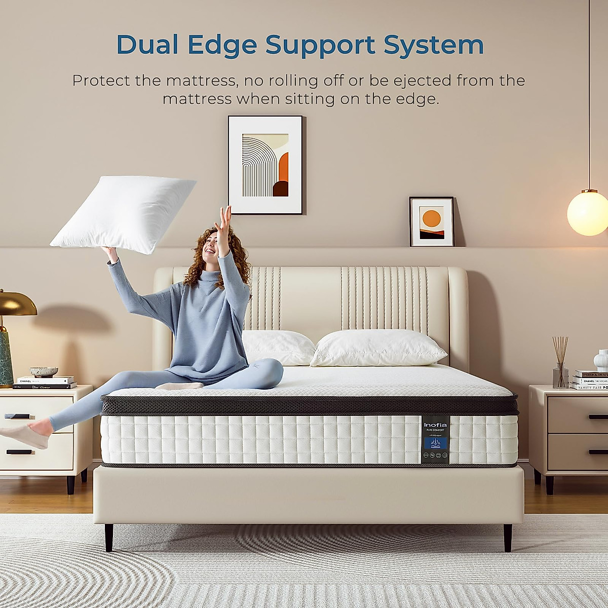 Inofia Twin XL Mattress, 10 Inch XLong Twin Hybrid Mattress, Breathable Comfortable Cool Single Mattress, Supportive & Pressure Relief, Motion Isolating Individually Wrapped Coils