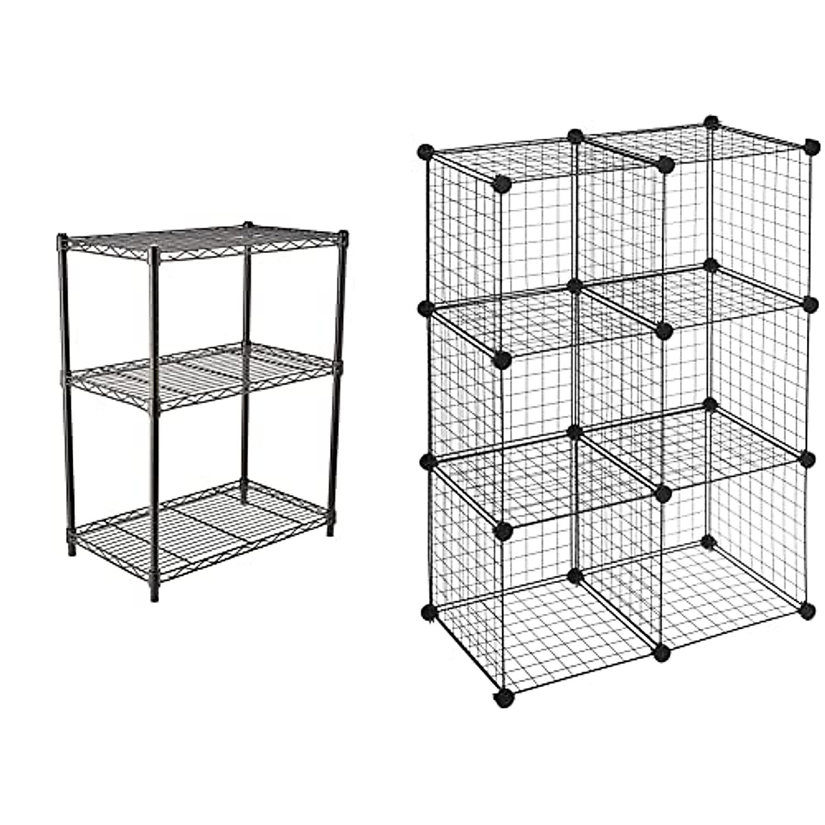 Amazon Basics 3-Shelf Adjustable, Heavy Duty Storage Shelving Unit, Steel Organizer Wire Rack, Black & 6 Cube Grid Wire Storage Shelves, Black