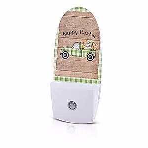 Spring Easter Night Light, LED Plug in Night Light, Green Plaid Truck Bunny Colorful Eggs Retro Wood Night Lights with Dusk to Dawn Sensor Decorative Kids/Adults Nightlight for Bedroom Bathroom