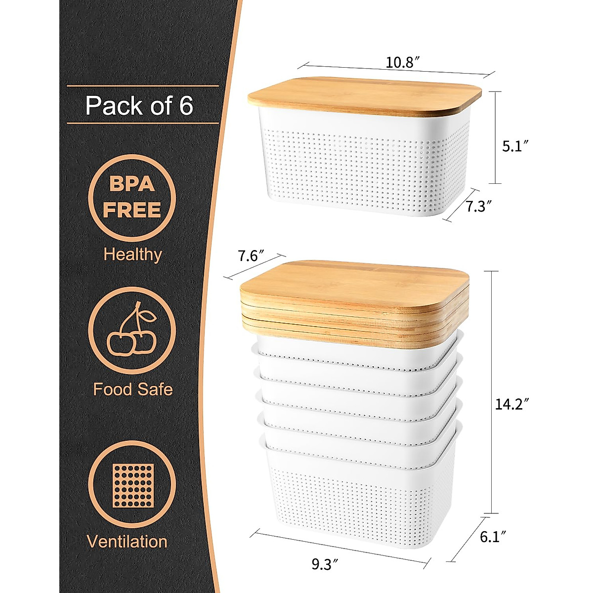 AREYZIN Plastic Storage Bins with Bamboo lids and Stackable Storage Baskets for Shelves - Organize Your Home or Office with These Space-Saving Storage Solution,6 Pack,White