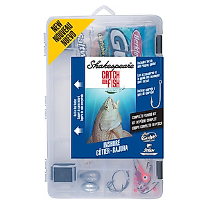 Shakespeare Catch More Fish Inshore Spinning Fishing Combo, includes Fishing Rod & Reel, Berkley Fishing Baits, Live Bait Tackle, Pre-Spooled with 10lb Stren Line