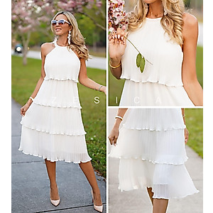 ZESICA Women's 2025 Summer Sleeveless Halter Neck Ruffle Tiered Layed Chiffon Flowy Swing Long Midi Dress,White,Small