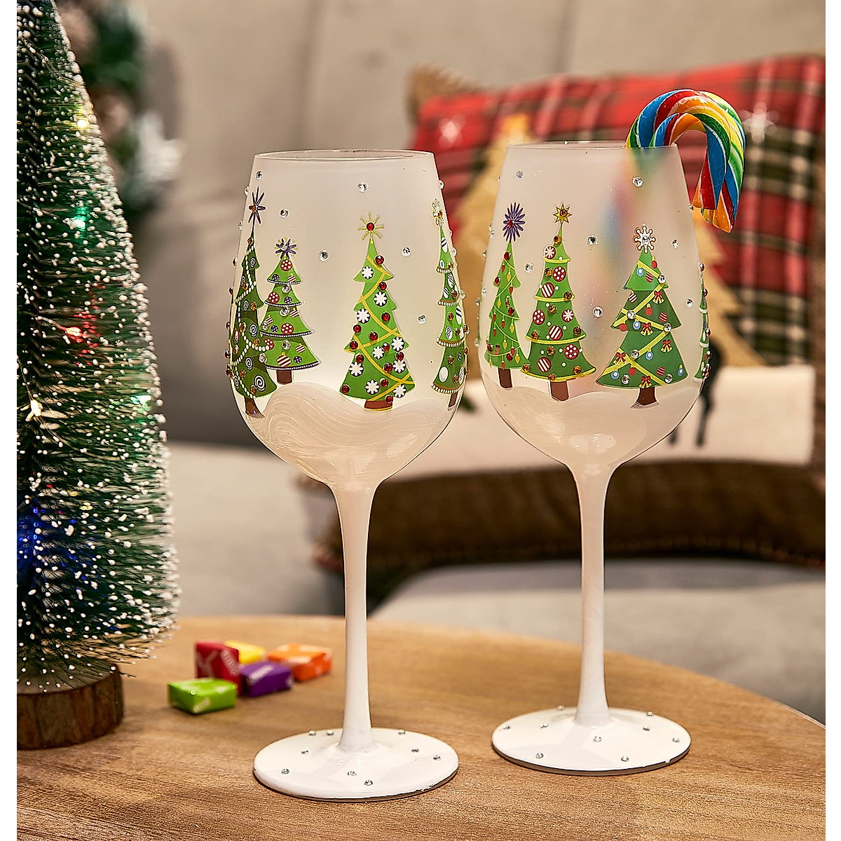 Winter Birthday Themed Stemmed Wine & Water Glasses - Set of 2 - Shining Holiday Red Green Yellow Silver, Holidays Parties Glassware - Xmas Tree - Set of 2, 17.5oz - New years Eve Festive Glass