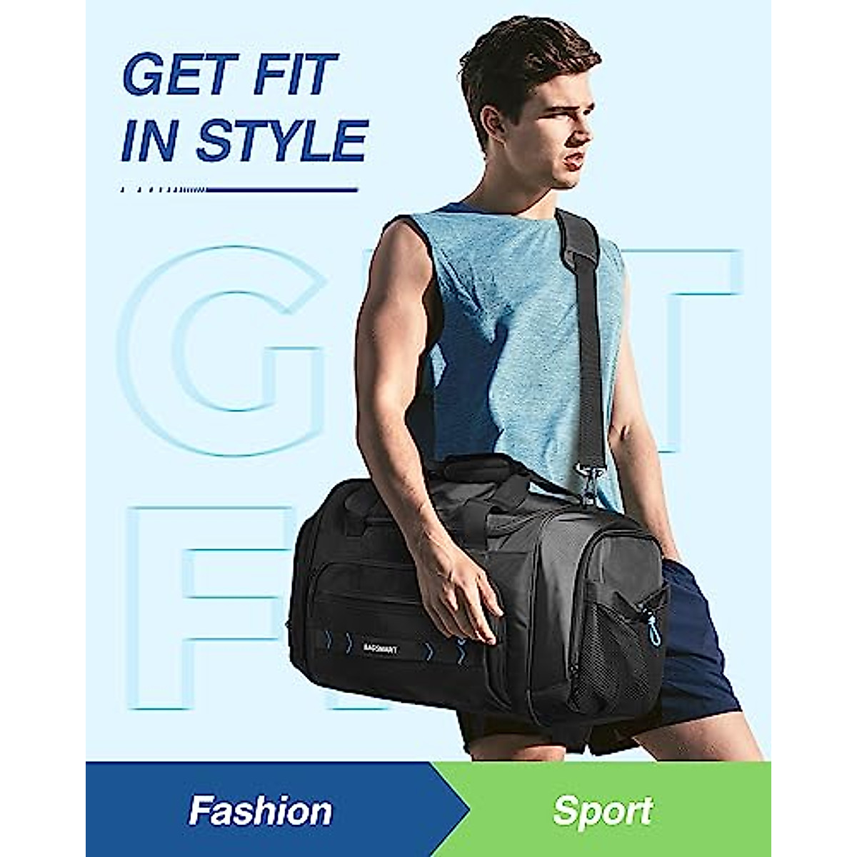 Gym Bag for Men & Women, BAGSMART Sports Travel Duffel Bag Carry-on Bag, Lightweight Weekend Overnight Bag with Shoe Compartment & Wet Pocket, Water-resistant Workout Duffle Bag for Travel Gym -Black