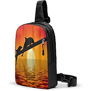 Chest Bag Dolphins Swimming in Sunset,Sling Bags Multipurpose Crossbody Shoulder Backpack Waterproof Travel Hiking