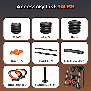 FEIERDUN Adjustable Dumbbells, 50lbs Free Weight Set with Connector, 4 in1 Dumbbells Set Used as Barbell, Kettlebells, Push up Stand, Fitness Exercises for Home Gym Suitable Men/Women