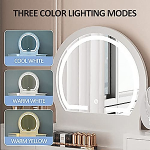 Fameill Makeup Vanity Desk with Lighted Mirror,White Vanity Table Set with Round Mirror,3 Color Touch Screen Dimming Mirror,7 Drawers Bedroom Dressing Table with Soft Cushioned Stool
