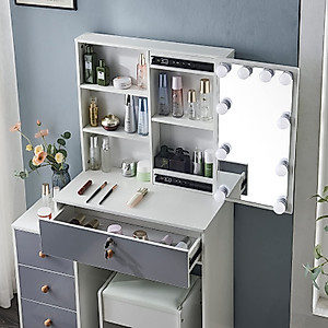 Logimiz Vanity Desk with Mirror and Lights, Makeup Vanity Table with 3 Color and Brightness Adjustable, Girls Makeup Vanity with Stool and Drawers for Bedroom