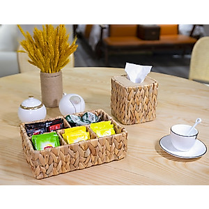 Ellinia Wicker Coffee Station Desk Coffee Pod Organizer, Divided Storage Basket Container with 5 Sections, Water Hyacinth Baskets, Tea Bag/Sugar Packet Holder, Basket for Drawer Organizing