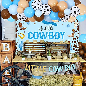 JOYMEMO Blue Brown Cowboy Baby Shower Decorations for Boy, Western Cowboy Balloon Garland Kit with A Little Cowboy is On The Way Backdrop, Wood Baby Shower Boxes, Wild West Baby Shower Supplies