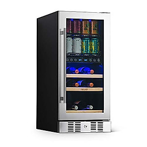 NewAir 15” Wine, Beer, Beverage Refrigerator Cooler | 9 Bottle, 48 Can Capacity | Stainless Steel Built-in or Freestanding Dual Zone Drink Fridge |Triple-Pane Glass Door, Digital Temperature Control