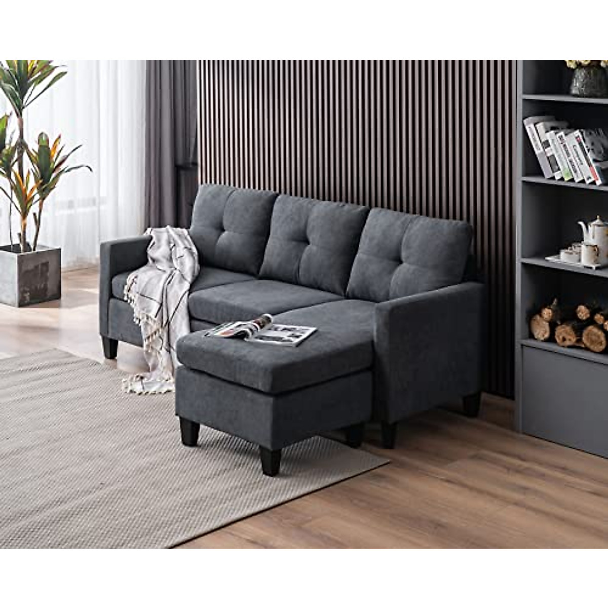 Devion Furniture Enzo Linen Sectional Sofa, Dark Gray