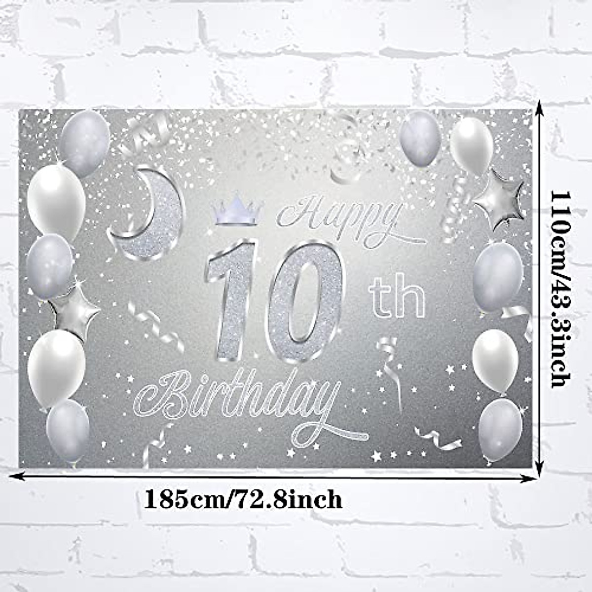 Sweet Happy 10th Birthday Backdrop Banner Poster 10 Birthday Party Decorations 10th Birthday Party Supplies 10th Photo Background for Girls,Boys,Women,Men - Silver 72.8 x 43.3 Inch