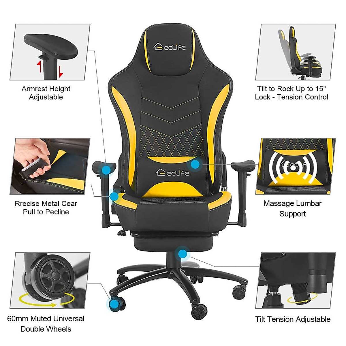 Gaming Chair Racing Footrest Massage Computer - Cushioned Comfort High Back PU Leather USB Vibrator Ergonomic Recliner Home Office Video Game for Kids for Gift for PS5 (Yellow, D06)