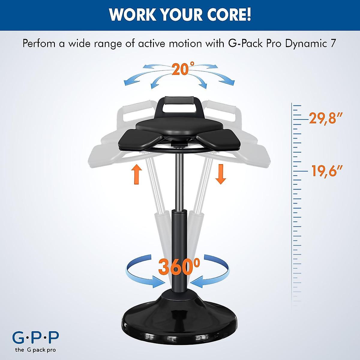 G-PACK PRO Standing Desk Chair – Ergonomic Comfortable Height Adjustable Active Stool - Swivel Sitting Balance Portable Chair - Encourage Good Posture (Black)
