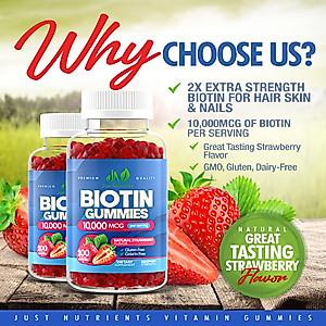 Biotin 10,000mcg Gummies for Women & Men (100 Count) - 2x Extra Strength Biotin for Hair Growth, Skin & Nails - Gluten-Free, Vegan, Non-GMO, Great Tasting Strawberry Flavor - 100 Gummies