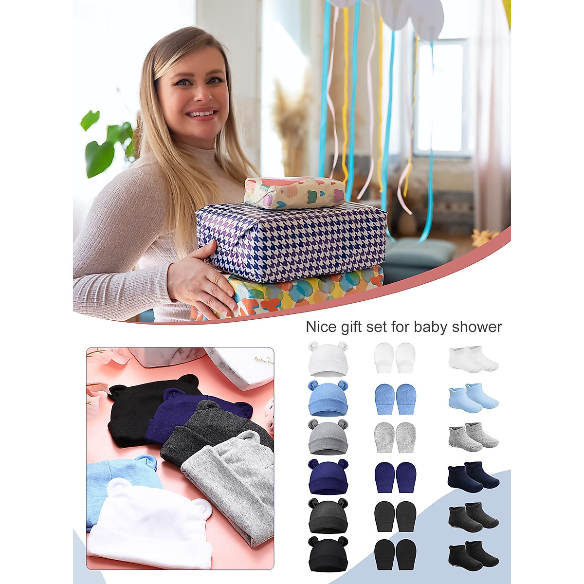 Geyoga Newborn Baby Hat Bear Ears Mittens and Socks Set for 0-6 Month(Multicolor,6 Set)