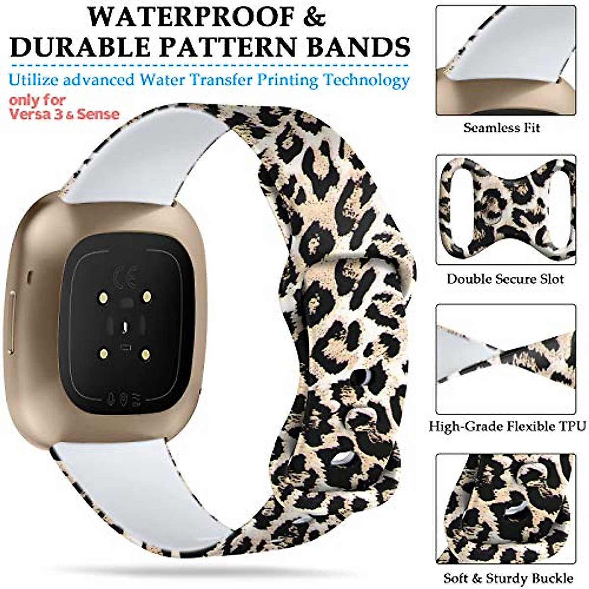 Maledan Compatible with Fitbit Sense & Fitbit Versa 3 Bands Women Girls, Stylish Flower Printed Strap Replacement for Fitbit Versa 3/Versa 4/Sense 2/Sense Smart Watch Accessories, Small Leopard